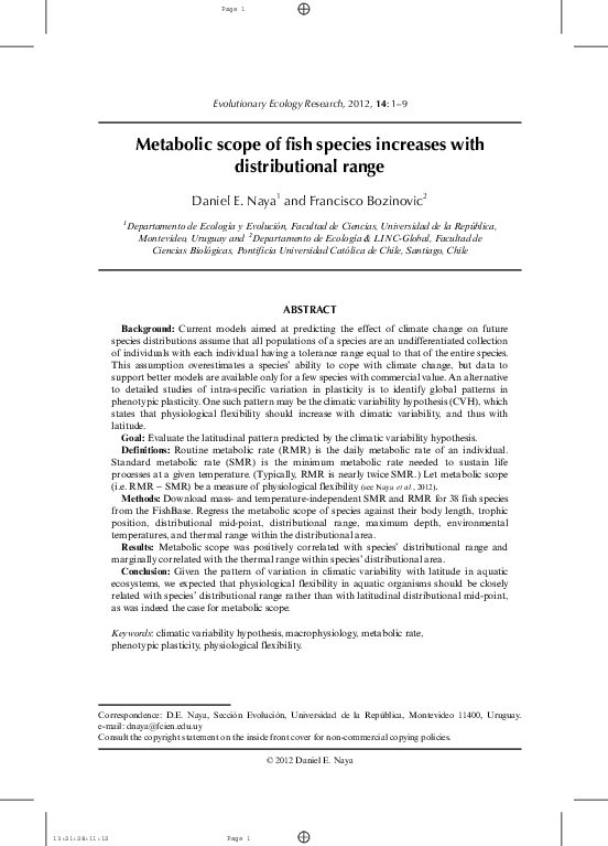 (PDF) Metabolic scope of fish species increases with distributional range