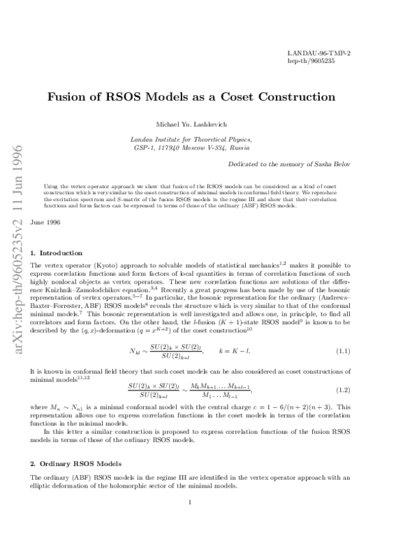 (PDF) Fusion of RSOS Models as a Coset Construction