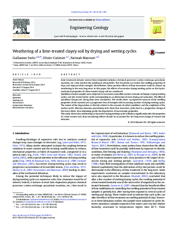 (PDF) Weathering of a lime-treated clayey soil by drying and wetting cycles