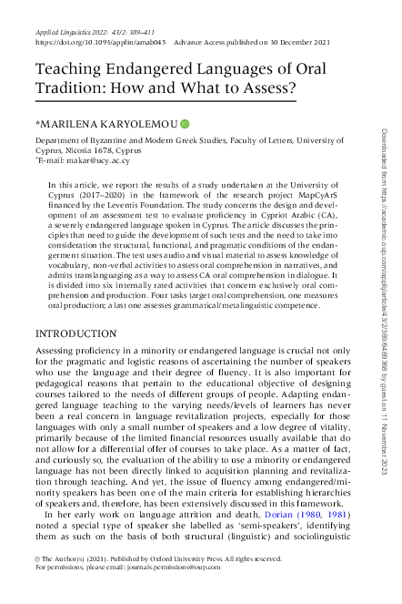(PDF) Teaching Endangered Languages of Oral Tradition: How and What to Assess?