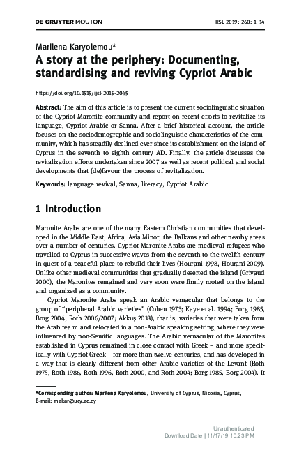 (PDF) A story at the periphery: Documenting, standardising and reviving Cypriot Arabic