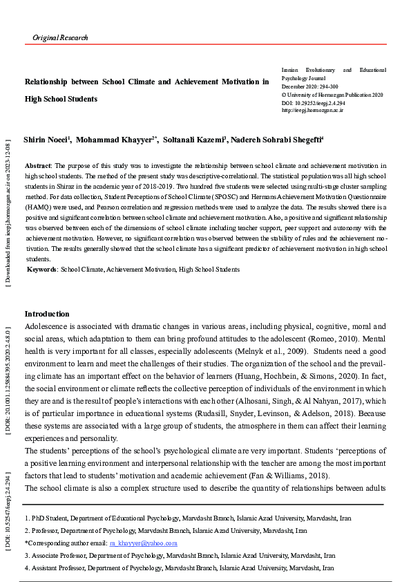 (PDF) Relationship between School Climate and Achievement Motivation in ...