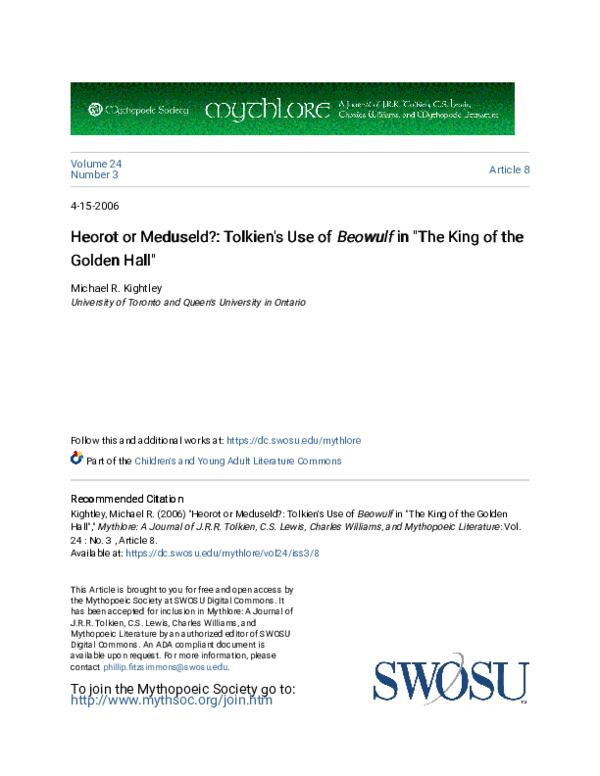 (PDF) Heorot or Meduseld?: Tolkien's Use of Beowulf in "The King of the ...