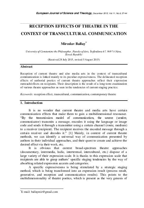 (PDF) Theatre Reception in Transcultural Contexts