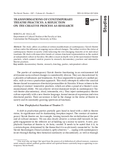 (PDF) Transformations of Contemporary Theatre Practices. A Reflection ...