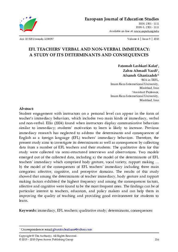 (PDF) Efl Teachers' Verbal and Non-Verbal Immediacy: A Study of Its ...