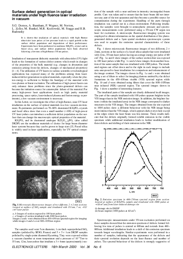 (PDF) Surface defect generation in optical materials under high fluence ...