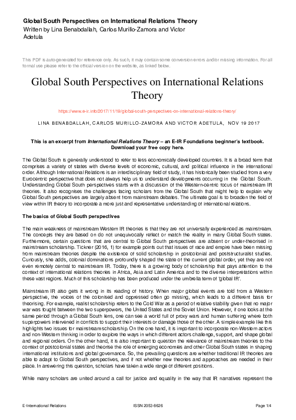 (PDF) Global South Perspectives on International Relations Theory