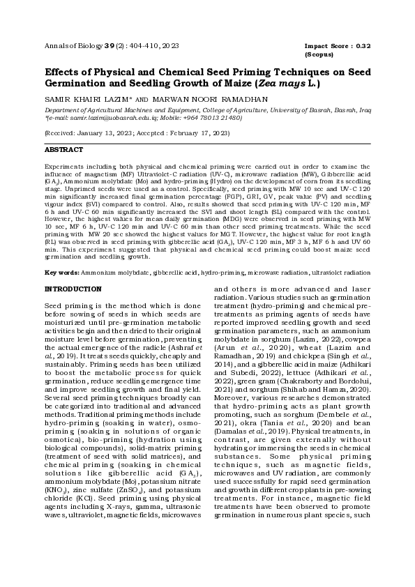 (PDF) Effects of Physical and Chemical Seed Priming Techniques on Seed ...