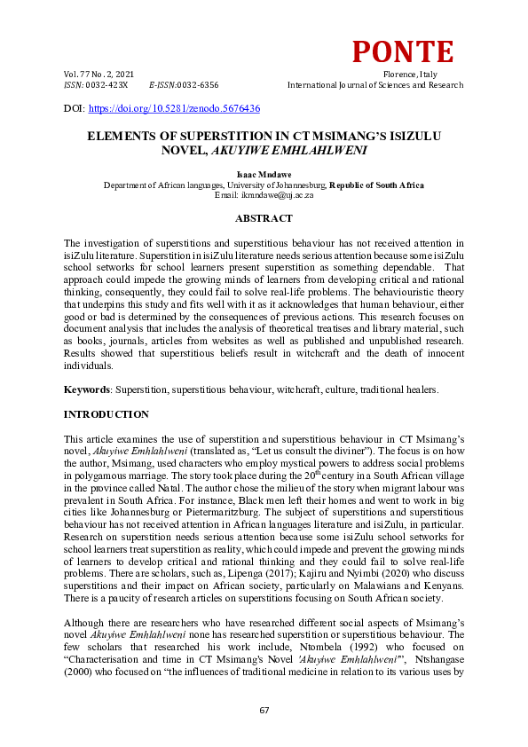 (PDF) Elements of Superstition in CT Msimang's Isizulu Novel, Akuyiwe ...