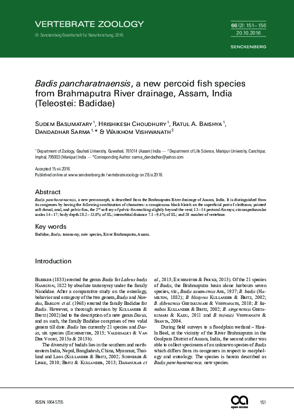 (PDF) Badis pancharatnaensis, a new percoid fish species from ...