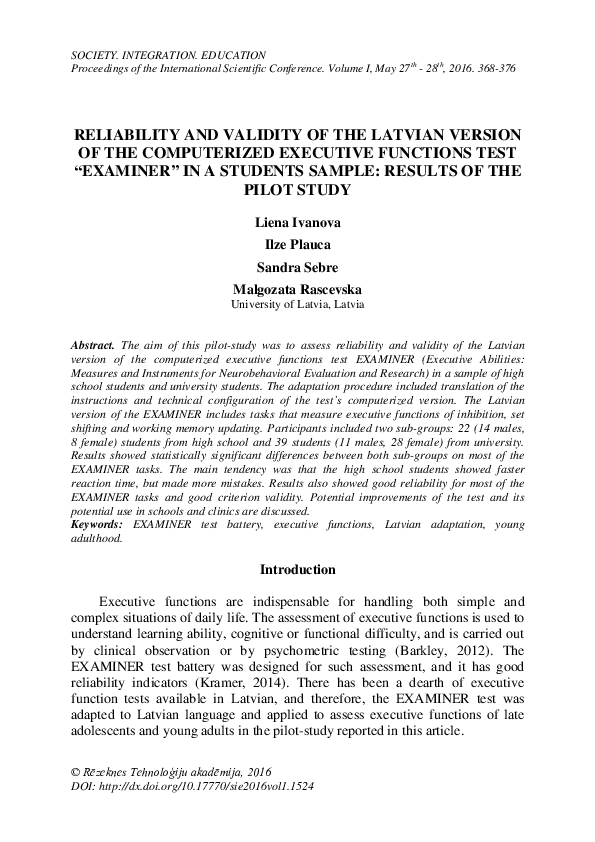 (PDF) Reliability and Validity of the Latvian Version of the Computerized Executive Functions ...