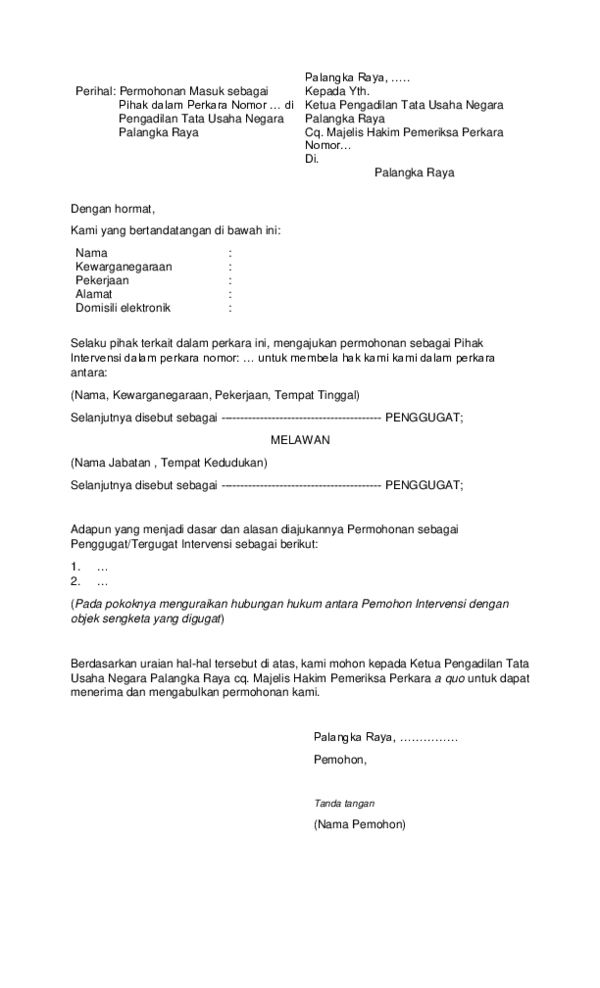 (PDF) Palangka Raya, ….. Perihal: Permohonan Masuk sebagai Pihak dalam ...