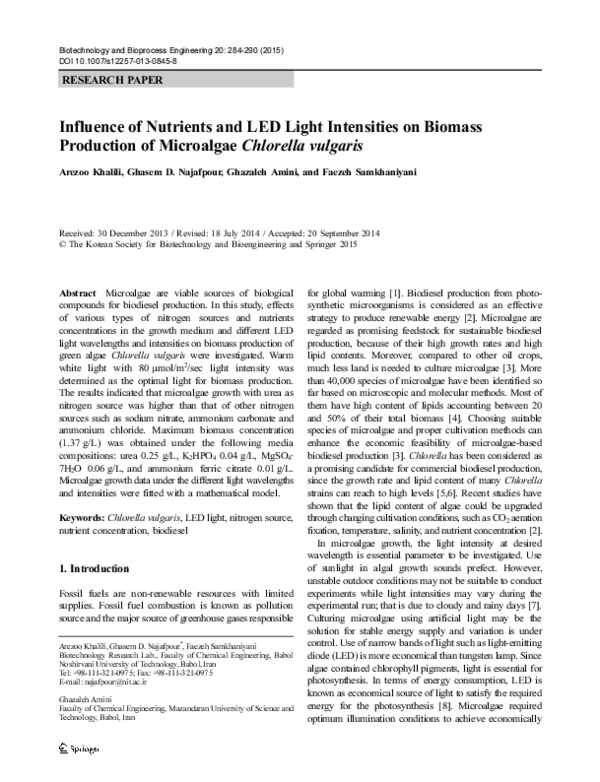 (PDF) Influence of nutrients and LED light intensities on biomass ...