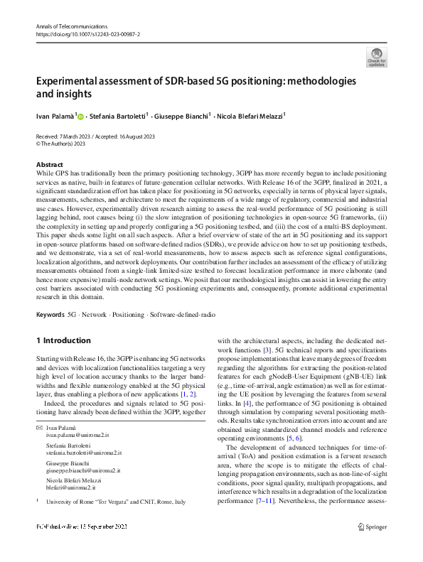 (PDF) Experimental assessment of SDR-based 5G positioning: methodologies and insights
