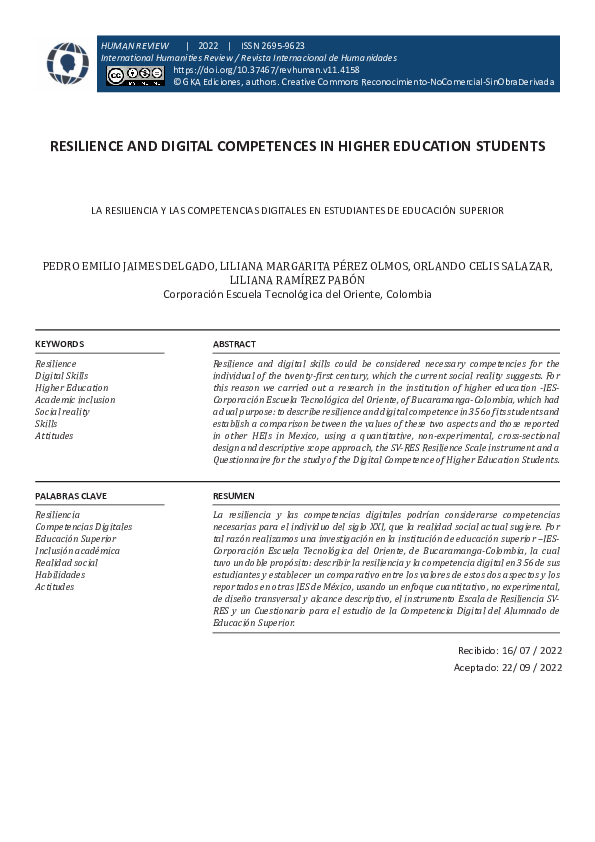 (PDF) Resilience and digital competences in higher education students