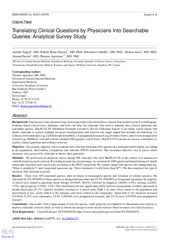 (PDF) Translating Clinical Questions by Physicians Into Searchable Queries: Analytical Survey Study