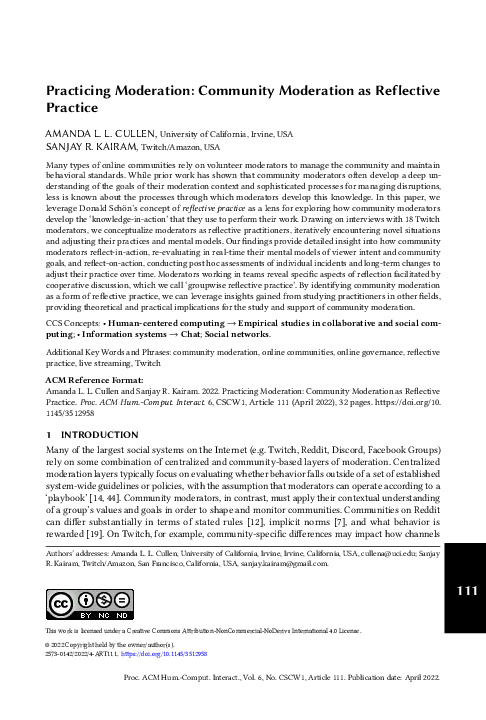 (PDF) Practicing Moderation: Community Moderation as Reflective Practice