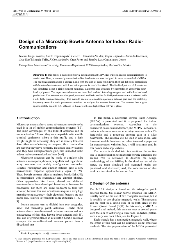 (PDF) Design of a Microstrip Bowtie Antenna for Indoor Radio-Communications