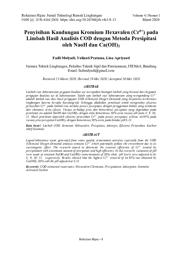 (PDF) Penyisihan Kandungan Kromium Hexavalen (Cr6+) pada Limbah Hasil Analisis COD dengan Metoda ...