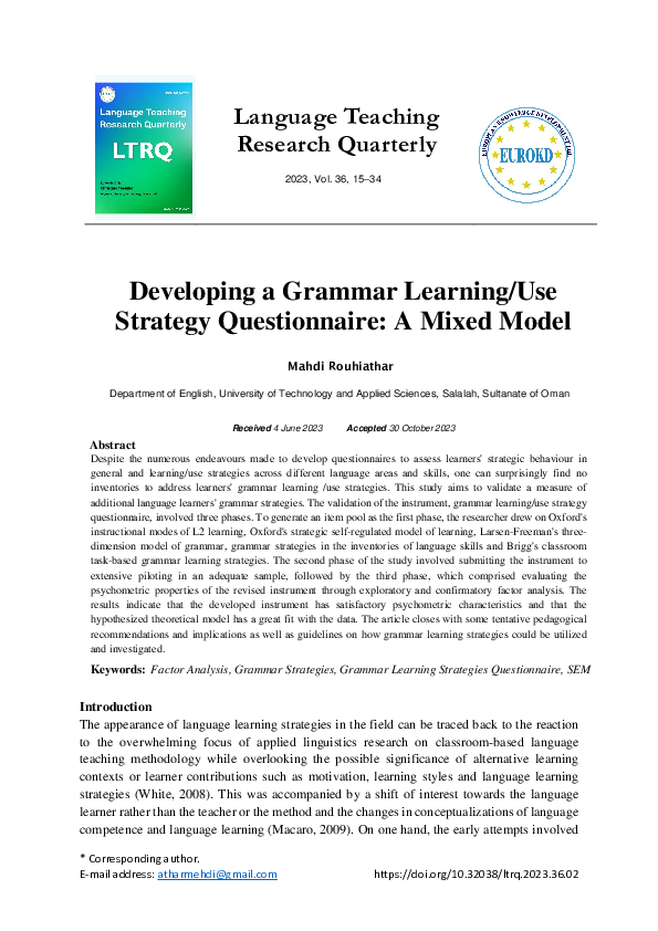 (PDF) Developing a Grammar Learning/Use Strategy Questionnaire: A Mixed ...