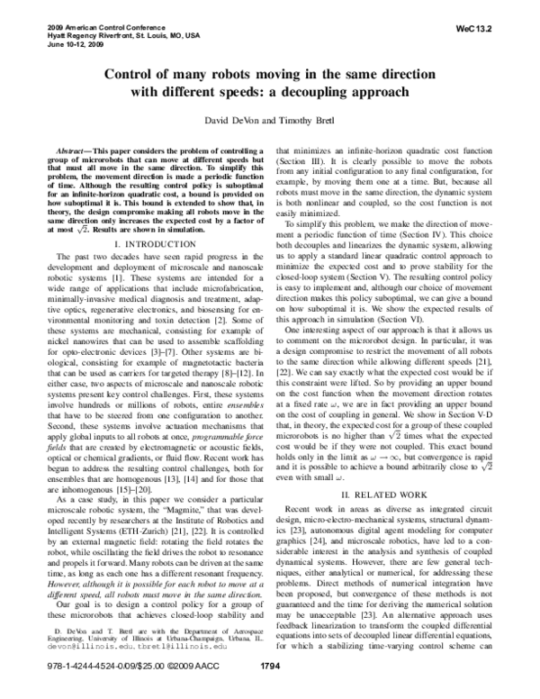 (PDF) Control of many robots moving in the same direction with different speeds: A decoupling ...