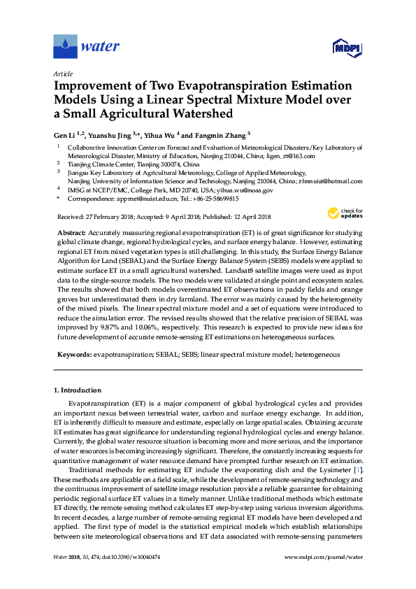 (PDF) Improvement of Two Evapotranspiration Estimation Models Using a Linear Spectral Mixture ...