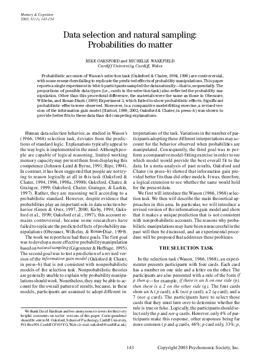 (PDF) Data selection and natural sampling: Probabilities do matter | Mike Oaksford - Academia.edu