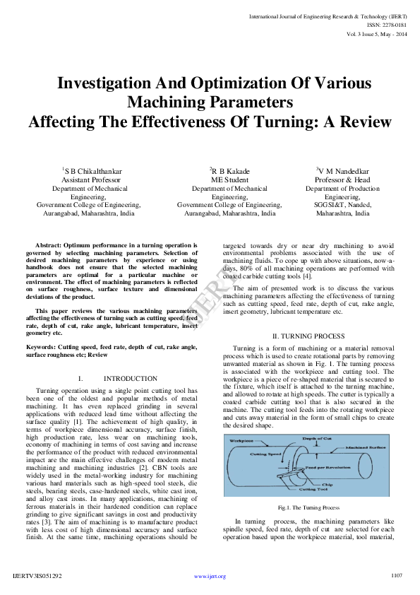 Pdf Investigation And Optimization Of Various Machining Parameters Affecting The Effectiveness