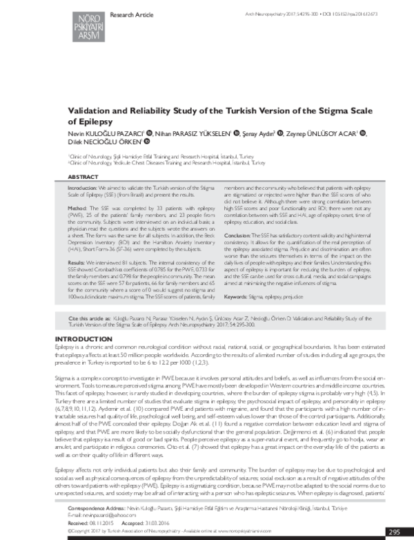 (PDF) Validation and Reliability Study of the Turkish Version of the Stigma Scale of Epilepsy