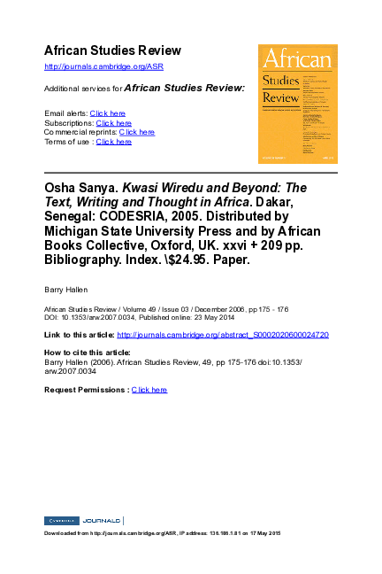 (PDF) Kwasi Wiredu and Beyond: The Text, Writing and Thought in Africa