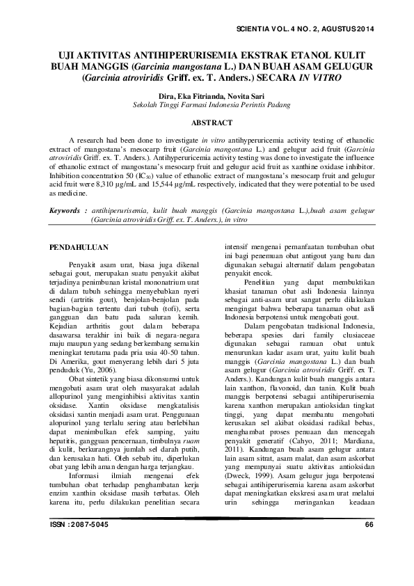 (PDF) Uji Aktivitas Antihiperurisemia Ekstrak Etanol Kulit Buah Manggis (Garcinia mangostana L ...