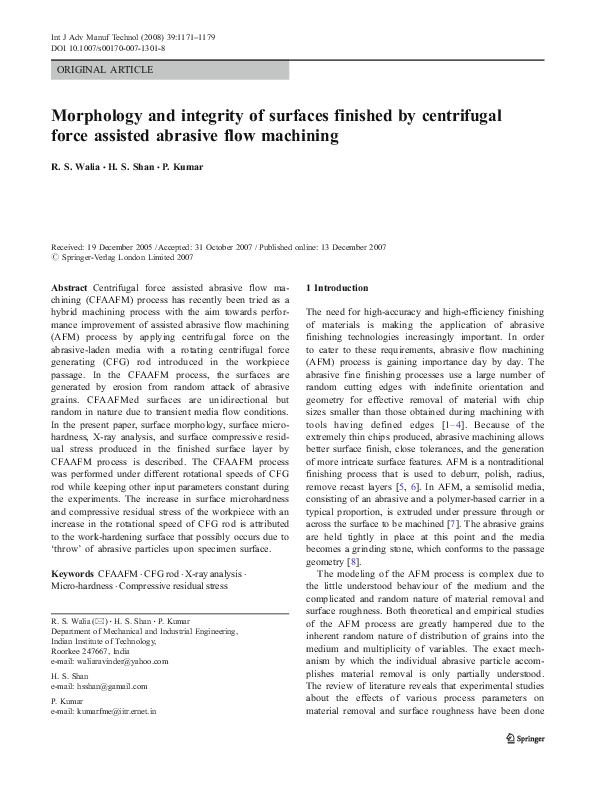 Pdf Morphology And Integrity Of Surfaces Finished By Centrifugal