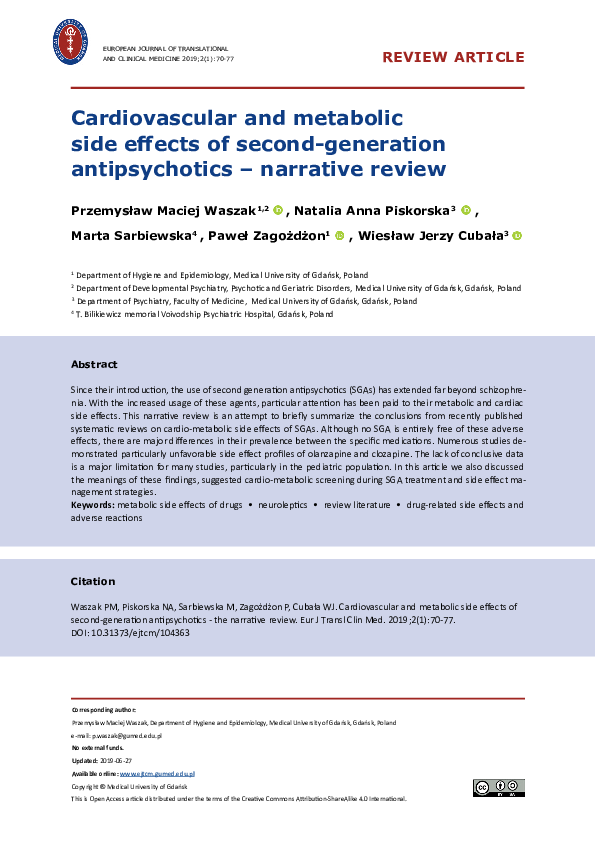(PDF) Cardiovascular and metabolic side effects of second-generation ...