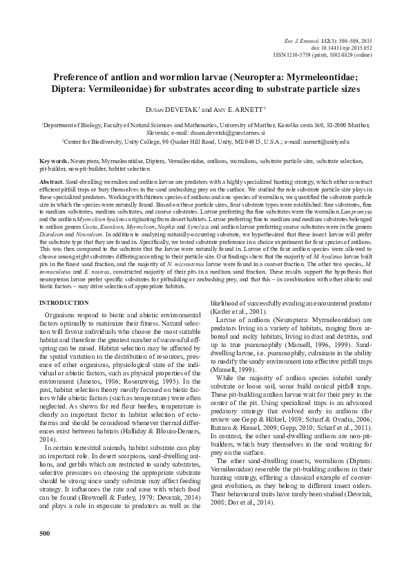 (PDF) Preference of antlion and wormlion larvae (Neuroptera ...