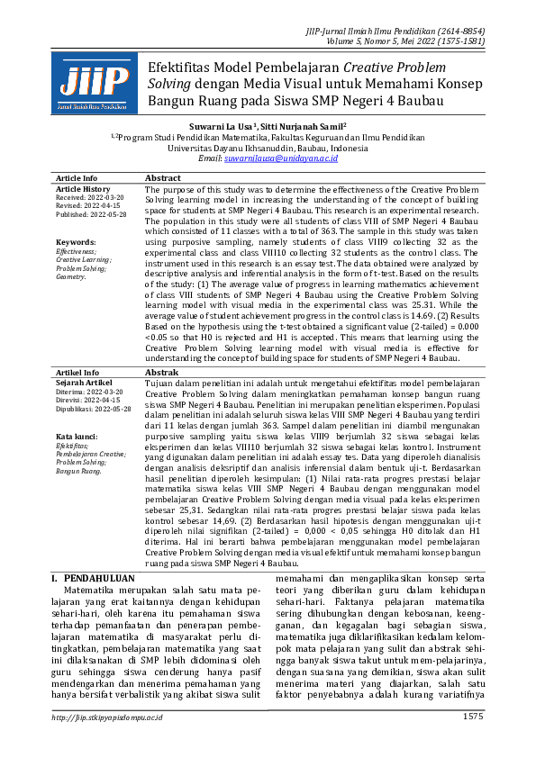 (PDF) Efektifitas Model Pembelajaran Creative Problem Solving dengan Media Visual untuk Memahami ...