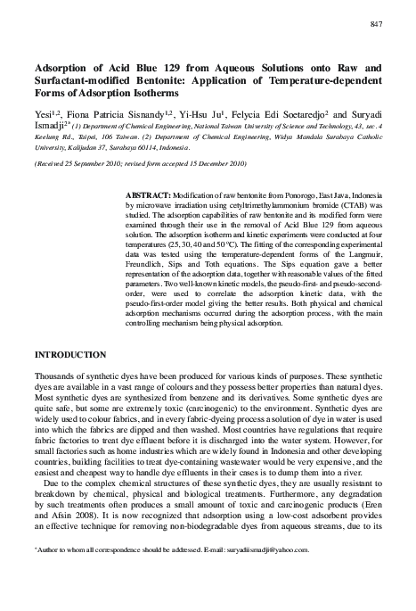 (PDF) Adsorption of Acid Blue 129 from Aqueous Solutions onto Raw and ...