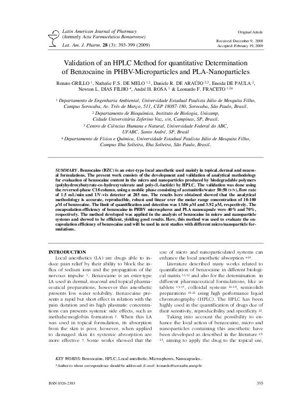 (PDF) Validation of an HPLC Method for quantitative Determination of Benzocaine in PHBV ...
