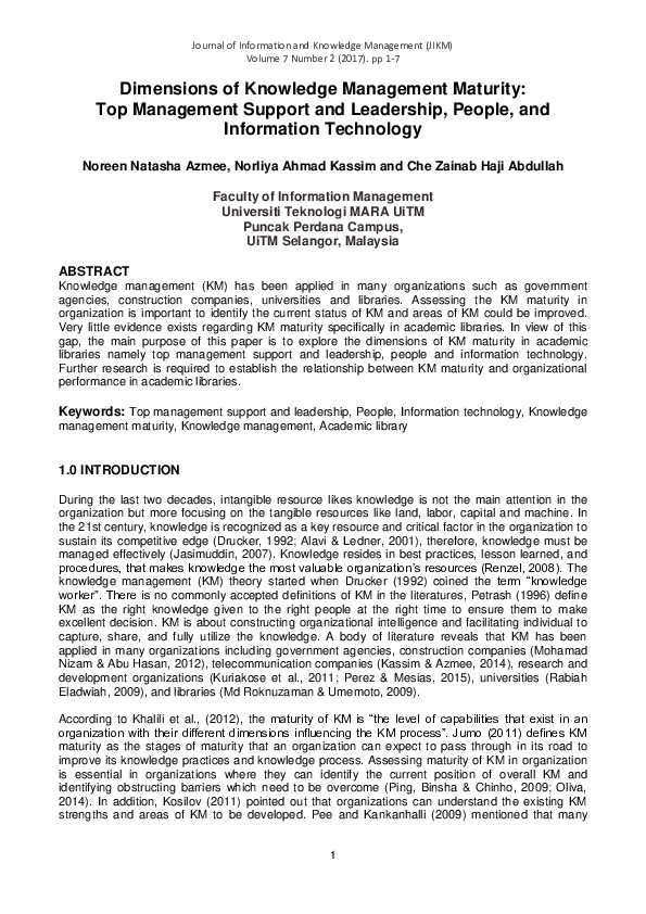 (PDF) Dimensions of Knowledge Management Maturity: Top Management ...