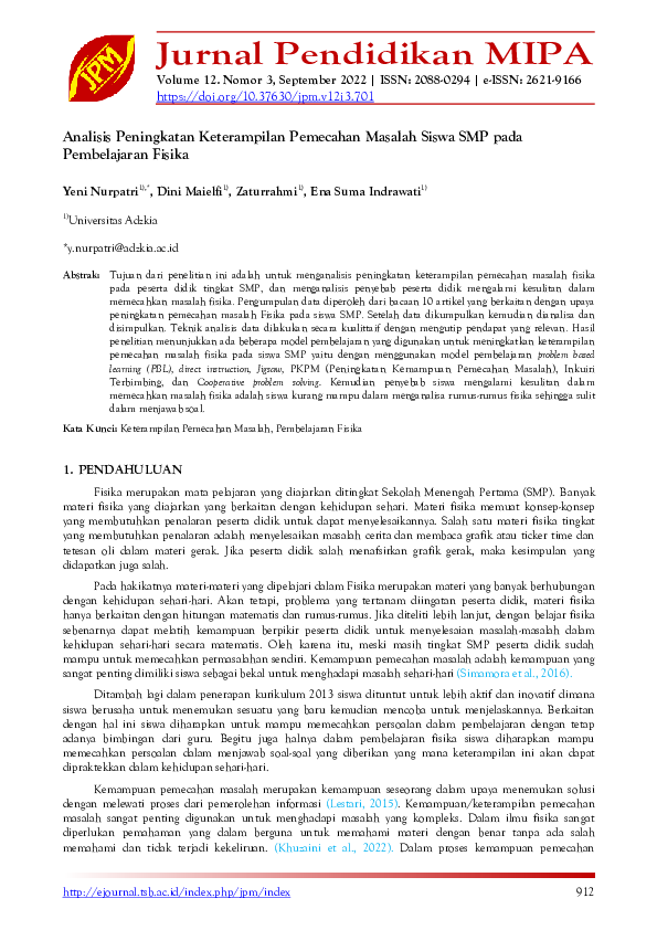 (PDF) Analisis Peningkatan Keterampilan Pemecahan Masalah Siswa SMP pada Pembelajaran Fisika
