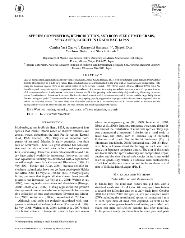 (PDF) Species composition, reproduction, and body size of mud crabs ...