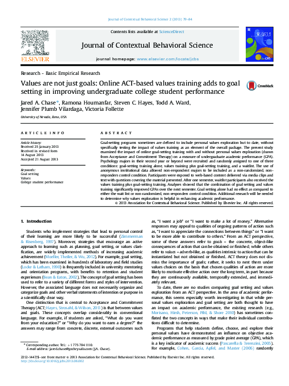 (PDF) Values are not just goals: Online ACT-based values training adds ...