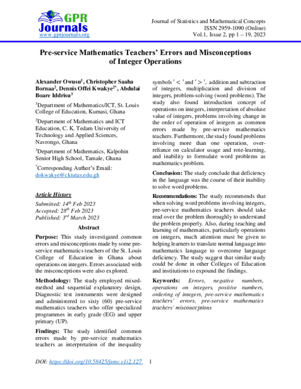 (PDF) Pre-service Mathematics Teachers’ Errors and Misconceptions of Integer Operations