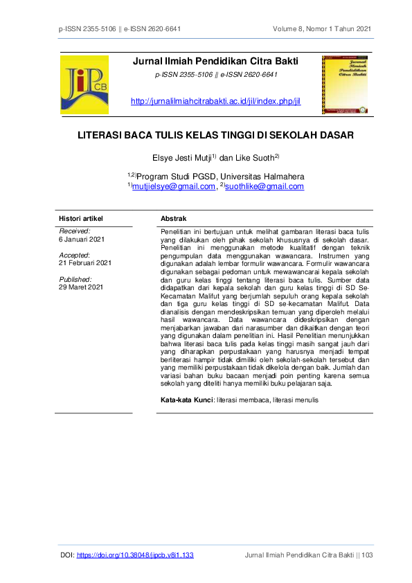 (PDF) Literasi Baca Tulis Pada Kelas Tinggi DI Sekolah Dasar