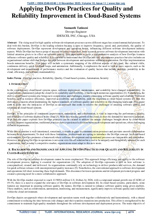 (PDF) Applying DevOps Practices for Quality and Reliability Improvement in Cloud-Based Systems