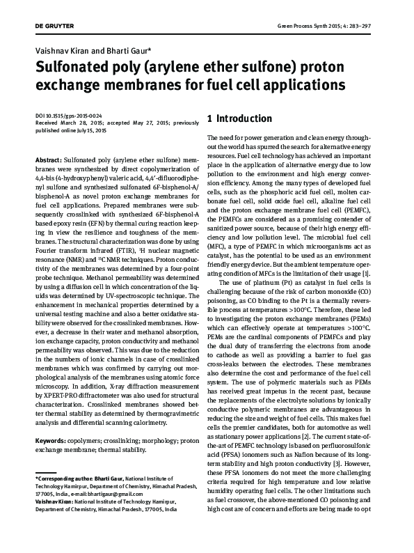 (PDF) Sulfonated poly (arylene ether sulfone) proton exchange membranes for fuel cell applications