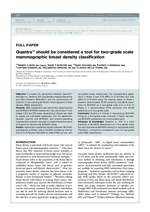 (PDF) Quantra(TM) should be considered a tool for two-grade scale mammographic breast density ...