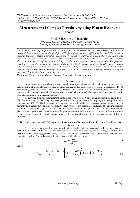 (PDF) Measurement of Complex Permittivity using Planar Resonator sensor