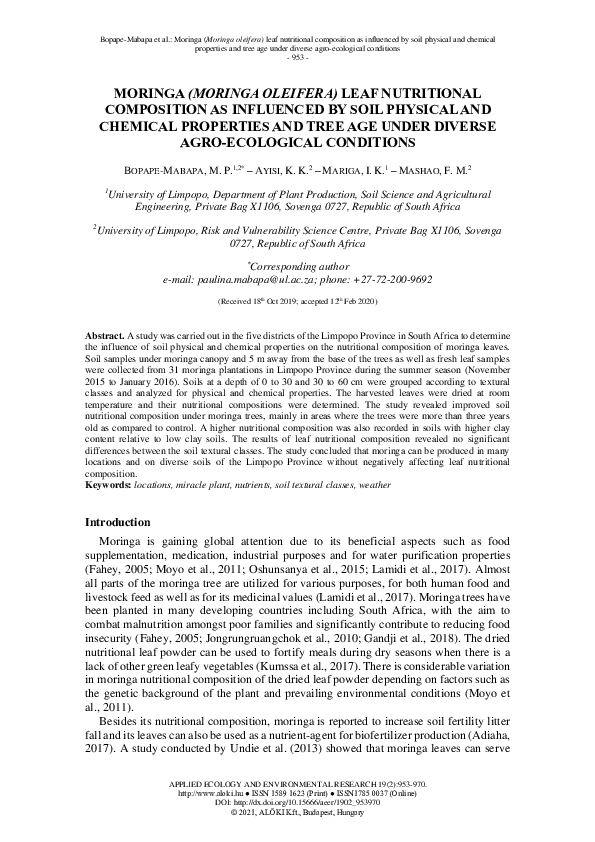 (PDF) Moringa (Moringa Oleifera) Leaf Nutritional Composition as ...