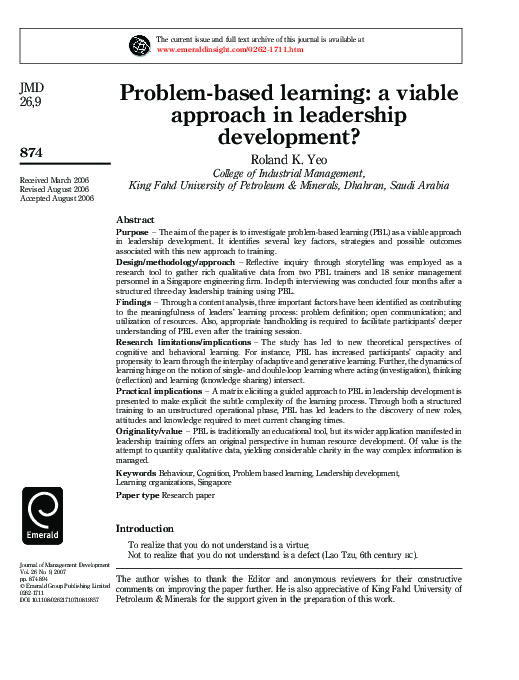(PDF) Problem‐based learning: a viable approach in leadership development?